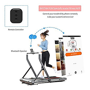 RHYTHM FUN Treadmill 2-in-1 Folding Treadmill Under Desk Walking Treadmill with Foldable Handrail Wide Tread Belt Super Slim Mini Quiet Home Treadmill with Smart Remote Control and Workout App（Sliver）