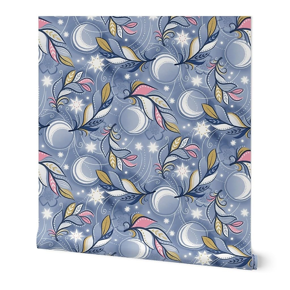 Peel & Stick Wallpaper Swatch - Whimsical Night Pastel Blue Pink Moon Star Sky Custom Removable Wallpaper by Spoonflower
