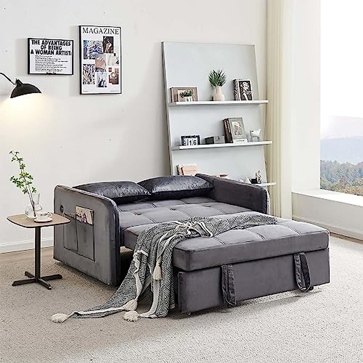 Antetek 3-in-1 Sleeper Sofa Bed w/USB Port, Modern Convertible Tufted Velvet Upholstered Pull Out Futon Couch, 55.5" W Small Loveseat Sofa for Office Living Room Small Space, Grey