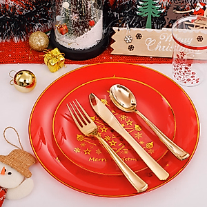 LIYH 150 PCS Plastic Christmas Dinnerware Set, Red Plastic Christmas Plates, Disposable Christmas Dinnerware with Christmas Tree Design, Plastic Christmas Silverware, Christmas Cups 25 Guests
