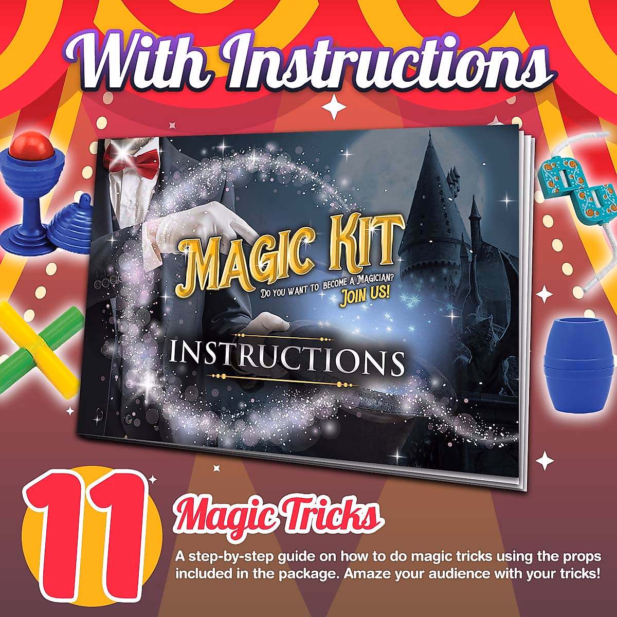 GraceDuck Magic Tricks Kit for Kids - Dress Up & Pretend Play Magician Dress Up Fun Stuff Outdoor Indoor Games for Boys Girls Toddlers Ages 5 6 7 8 9 10 11 12 Years Old