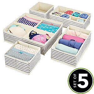 mDesign Soft Fabric Dresser Drawer/Closet Divided Storage Organizer Bins for Bedroom - Holds Lingerie, Bras, Socks, Leggings, Clothes, Purses, Scarves, Lido Collection - Set of 5 - Natural/Blue Stripe
