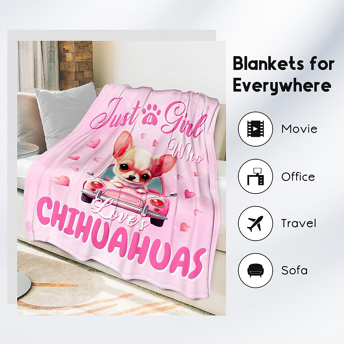 UNIKITTY Chihuahua Blanket Gifts, Chihuahua Throw Blanket for Dog Lovers, 50"x60" Pink Blanket for Girls Dog Print Gifts, Kids Blankets for Bed Couch, Fleece Throw Blanket Girls Room Decor