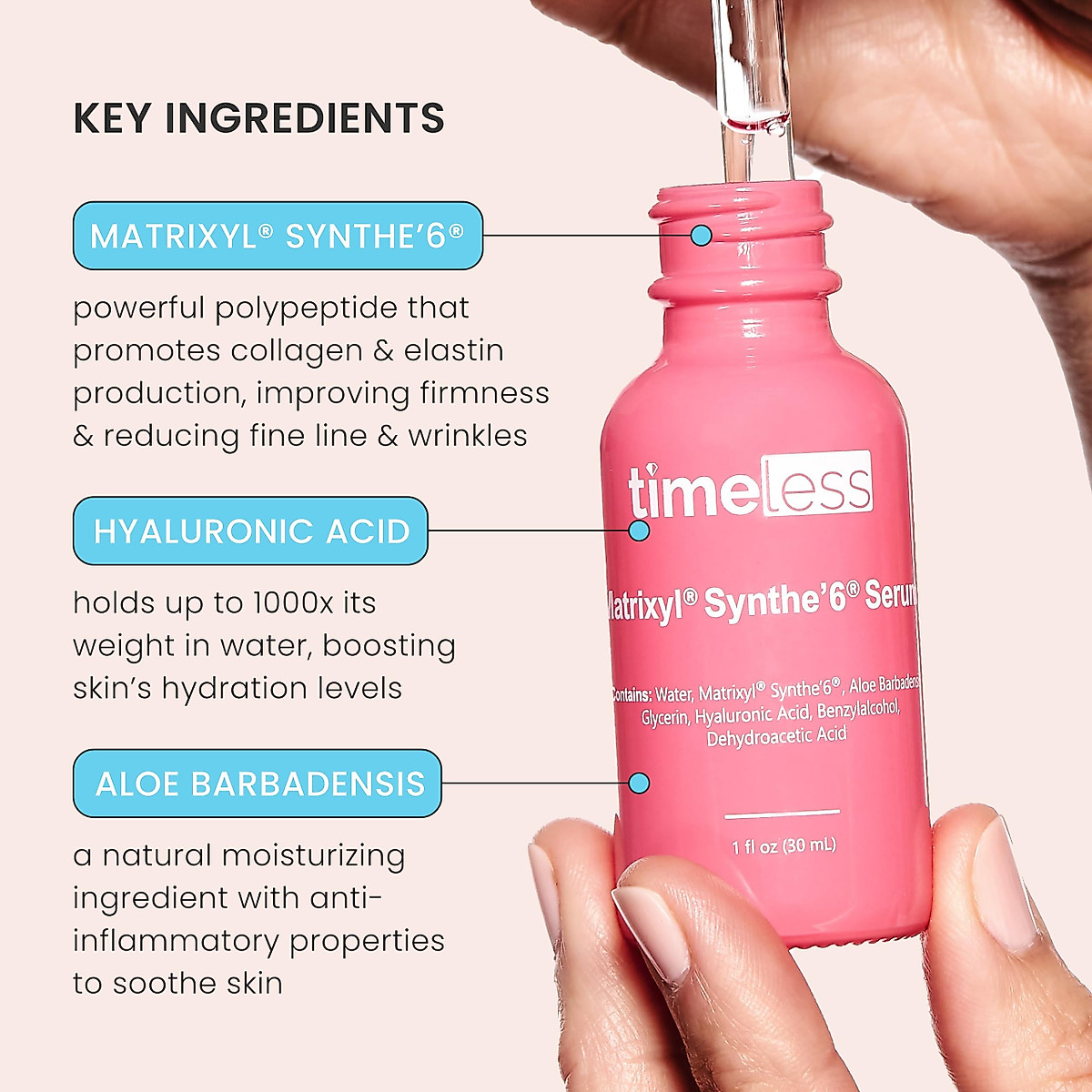 Timeless Skin Care Matrixyl Synthe’6 Serum - Face Serum for Skin Care - Matrixyl Serum with Hyaluronic Acid for Skin Hydration - Personal Care Skin Serum - 1 oz