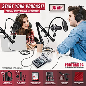 Zoom PodTrak P4 Portable Multitrack Podcast Recorder, Audio Interface w/ 4 Mic Inputs, 4 Headphone Outputs + 4x Zoom ZDM-1PMP 4 Headphones, Microphones stands & cables, 64GB SDXC, Boom arms and more