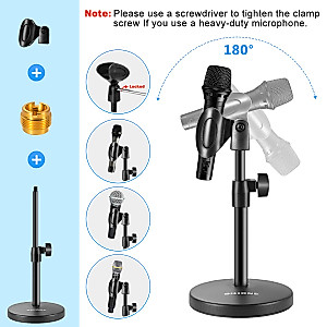 BILIONE 3 in 1 Multi-Function Desktop Microphone Stand, Adjustable Table Mic Stand with Microphone Clip, Cell Phone Clip, 5/8" Male to 3/8" Female Metal Adapter