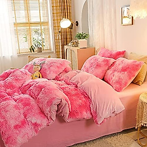 Jameswish Shaggy Plush Duvet Cover Set Super Soft Fluffy Faux Fur Comforter Cover Set Luxury Fuzzy Bedding Set 3 Piece(1Duvet Cover+2Pillowcases) with Zipper Closure(Full Size,Pink White Ombre)