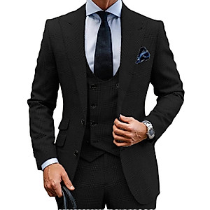 MoranX Casual Men's Suits Regular Fit 3 Piece Double Breasted Wool Plaid Tuxedos Business Blazer+Vest+Pants Wedding…(Gray,46R)