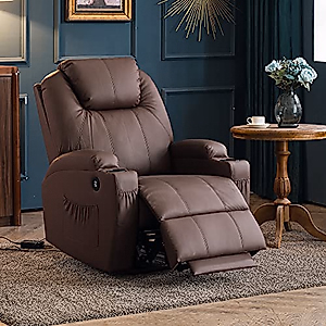 MCombo Electric Power Recliner Chair with Heat and Vibration, Footrest Extended, USB Charge Ports, 2 Side Pockets and Cup Holders, Faux Leather 7050 (Light Brown)