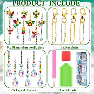 Huwena 9 Pcs Christmas Diamond Art Suncatcher Double Sided Diamond Art Suncatcher Diamond Art Kit Diamond Ornament Diamond Wind Chime for Adults Kid DIY(Angel)