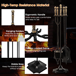 Tangkula 5 Pieces Fireplace Tools Wrought Iron Toolset 4 Tools & Decor Holder Indoor Outdoor Tong,Poker, Base, Shovel,Brush Fireplaces Hearth Accessories