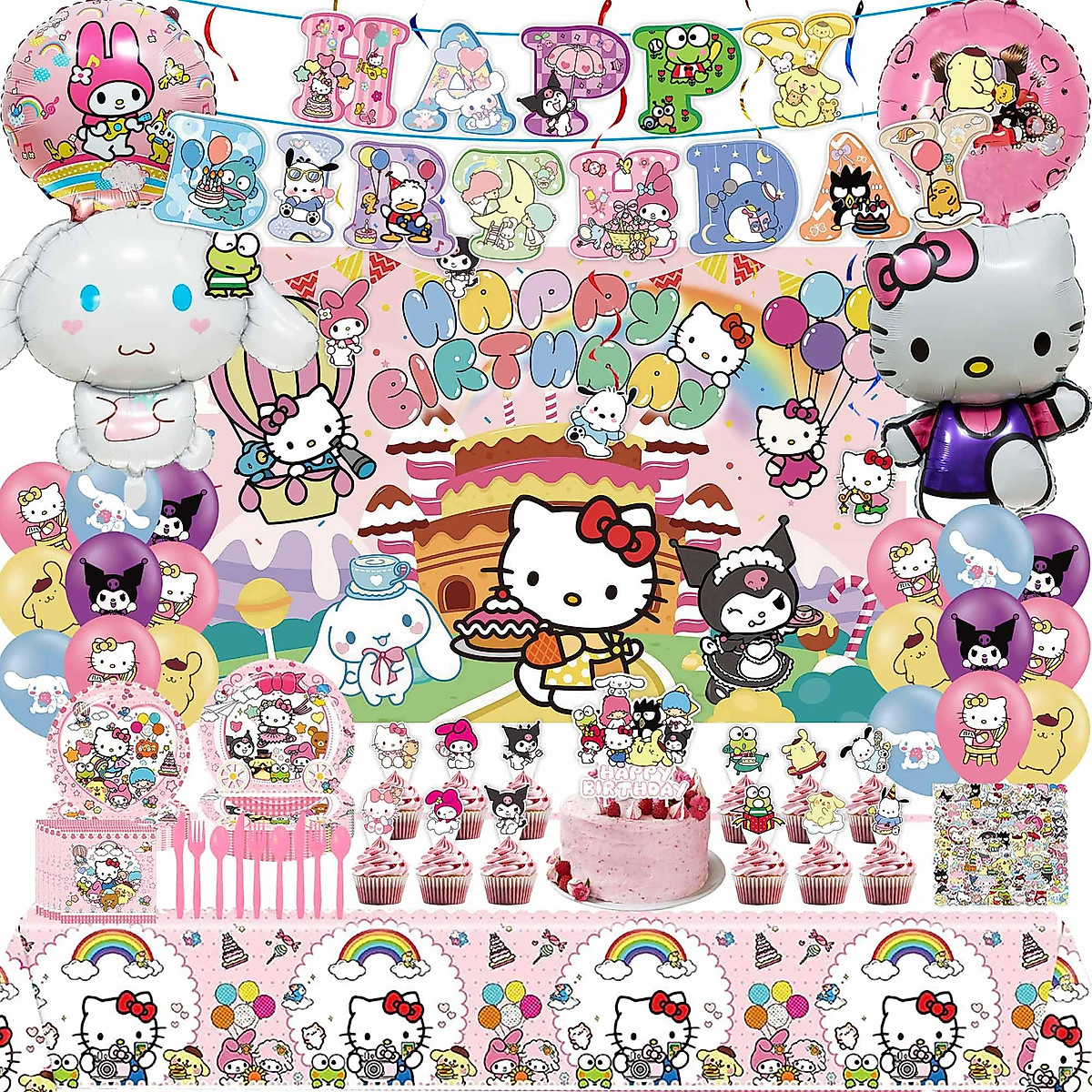 Kawaii Birthday Decorations, Cartoon Party Decorations, Include Banner, Cake Toppers, Paper Tableware, Stickers, Backdrop, Tablecloth, Balloons, Hanging Swirls, for Kids Theme Birthday Party Supplies