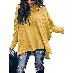MILLCHIC Women's Casual Waffle Shirt Long Batwing Sleeve Oversized Pullover Sweater Knit Jumper Loose Sweater Tunic Tops 8M3-huangse-M1