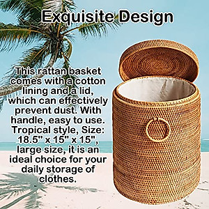 HQT Rattan Laundry Hampers, Premium Honey Brown Round Hand Woven Rattan Hamper, Waste Basket with Cotton Liner, Lid and Handle for Bedroom Living Room Bathroom Basket for Dry and Organic Waste