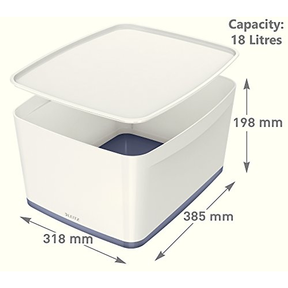 Leitz Large MyBox with Lid, Storage Box for Home and Office, High Gloss Plastic,18 Litre, A4, White/Grey