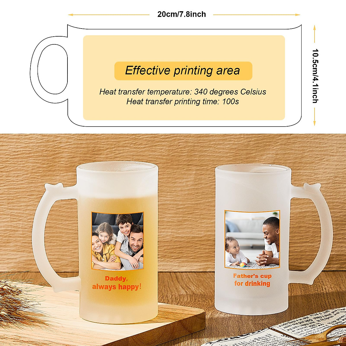 Mifoci 6 Pcs Beer Mugs for Sublimation 16 oz Glass Cups Can Add Photo Text or Images on Personalized Beer Glass for Husband Dad Men for Father's Day Oktoberfest Wedding Gift (Frosted)