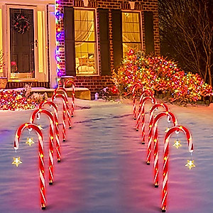 [ Solar & Timer ] 12 Pack Christmas Candy Cane Pathway Lights Markers, Total 96 LED Waterproof Christmas Decorations Outdoor 13.5 Inch Christmas Stakes Light up Candy Cane Walkway Outside Garden Yard