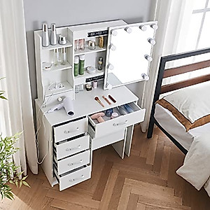saicheng Modern Vanity Table Set with Stool, White Makeup Dressing Table with Sliding Lighted Mirror 10 Bulbs, Dresser Desk with 5 Storage Drawers