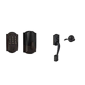 Schlage Encode Smart Wi-Fi Deadbolt with Camelot Trim in Aged Bronze & Schlage FE285 CAM 716 Acc RH Camelot Front Entry Handleset with Right-Handed Accent Lever, Lower Half Grip, Aged Bronze