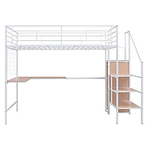 DNYN Stairway Full Size Loft Bed with Desk(L Shaped) & Storage Shelves & Wardrobe Design for Kids/Teen/Adults,Sturdy Metal Bedframe w/Safety Guardrails,Super Save Space & No Box Spring Needed, White