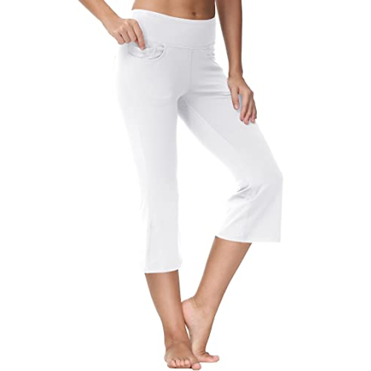 Cakulo Women's Plus Size Capris Pants Yoga Flare High Waist Bootcut Stretch Jean Casual Palazzo Cream Bottoms Knee Flared Leggings with Pockets White XL