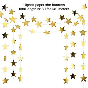 Glitter Star Garland Banner Decoration, 130 Feet Bright Gold Star Hanging Bunting Banner Backdrop for Engagement Wedding Baby Shower Birthday Christmas Decor (Gold)
