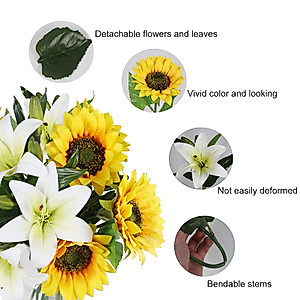 HUAESIN 11PCS Artificial Sunflower Bouquets Faux Flowers Bouquet with Realistic Lily Spring Silk Sunflowers Summer Floral Arrangements for Home Living Room Kitchen Table Centerpieces Party Decor