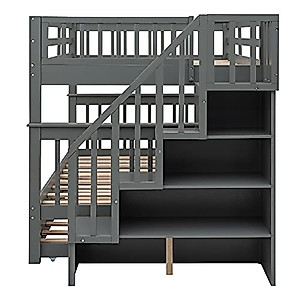 BIADNBZ Full Over Full Bunk Bed with Twin Size Trundle, Storage Stairs and Guard Rail, Solid Wood Detachable BunkBed Frame for Teen/Adults Bedroom, Gray