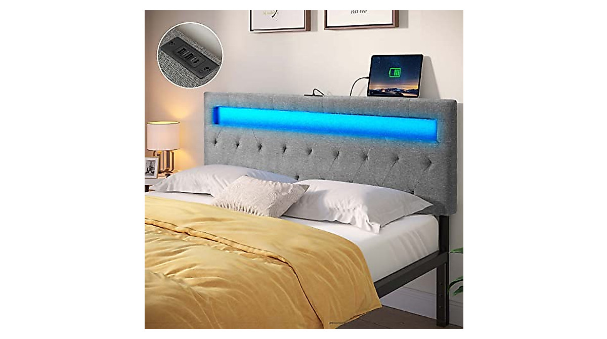 Stylish Gray Headboard with LED & USB Charging