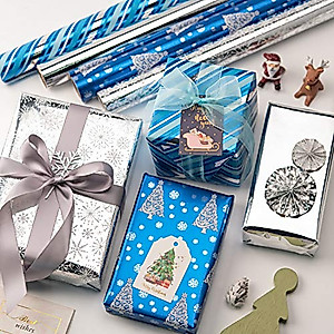WRAPAHOLIC Christmas Wrapping Paper Roll - Blue and Silver Snowflake and Stripe Set with Metallic Foil Shine - 4 Rolls - 30 Inch X 120 Inch Per Roll