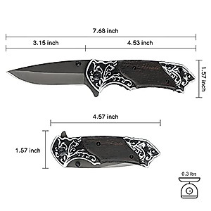 Dispatch 4.5 Inch Folding Pocket Knife with Stainless Steel Titanium Plated Blade, Chicken Wing Wood Handle with Aluminum Piece Head and Tail for Survival, Hunting, Tactical, Outdoor Camping EDC Tool