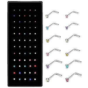 OMAIGAR Nose Rings Studs, L Shaped Surgical Stainless Steel Nose Studs Color Diamond Rhinestone Crystal, Hypoallergenic Nose Piercing Jewelry for Women Men and Ideal Gift