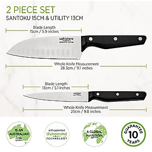 Wiltshire Staysharp Triple Rivet Duo Set Santoku & Utility Knife 2pc, Knives Built-In Sharpener,Sharp At All Times, Lifetime Performance, Slim Scabbard, Ergonomic Triple Rivet Handle, 10Year Guarantee