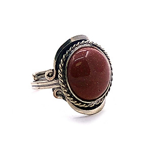Mia Jewel Shop Round Semi Precious Healing Gemstone Crystal Cabochon Silver Metal Border Adjustable Ring - Womens Natural Fashion Handmade Jewelry Boho Accessories (Dark Orange Goldstone)