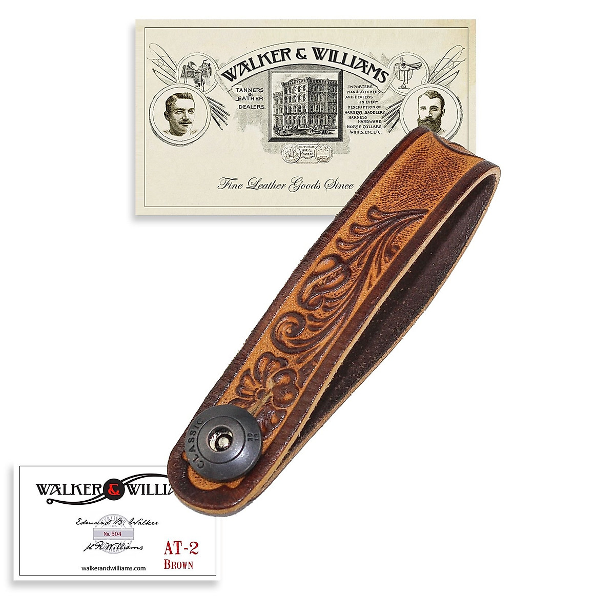 Walker & Williams AT-2 Brown Carving Leather Acoustic Guitar Strap Button Headstock Adaptor For Acoustic, Electric, And Bass Guitars