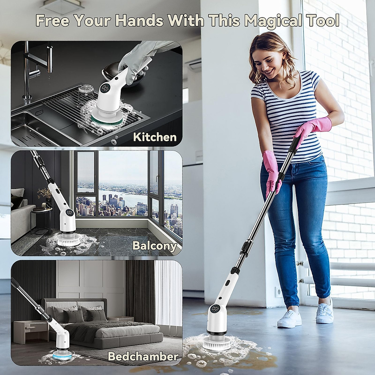 Electric Spin Scrubber - IMAXTOP Cordless Cleaning Brush with 8 Replaceable Heads, Shower Cleaner with Long Handle, Bathroom, Grout, Tub, Floor, Kitchen Cleaner