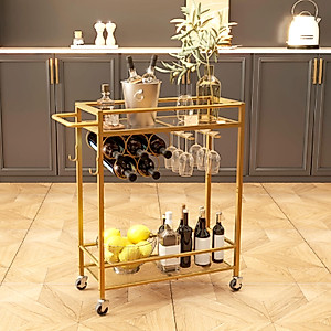 Bar Cart, 2-Tier Kitchen Cart with Wine Rack and Glass Holder, Gold Serving Cart with Wine Rack and Glass Holder, Rolling Serving Cart for Kitchen, Dining Room, Club, Bar, Living Room, Party, Gold