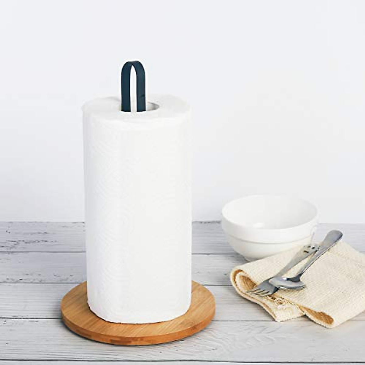 TIEYIPIN Paper Towel Holder, Countertop Roll Stand with Anti-Skid Wooden Bamboo Base for Kitchen, Cabinet, Table