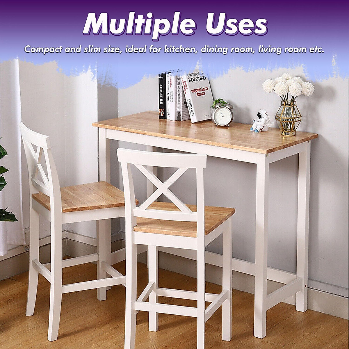 Kings Brand Furniture - 3 Piece Dining Table Set, Counter-Height Bar Breakfast Table with 2 Stools for Living Room Kitchen Small Space Apartment - White