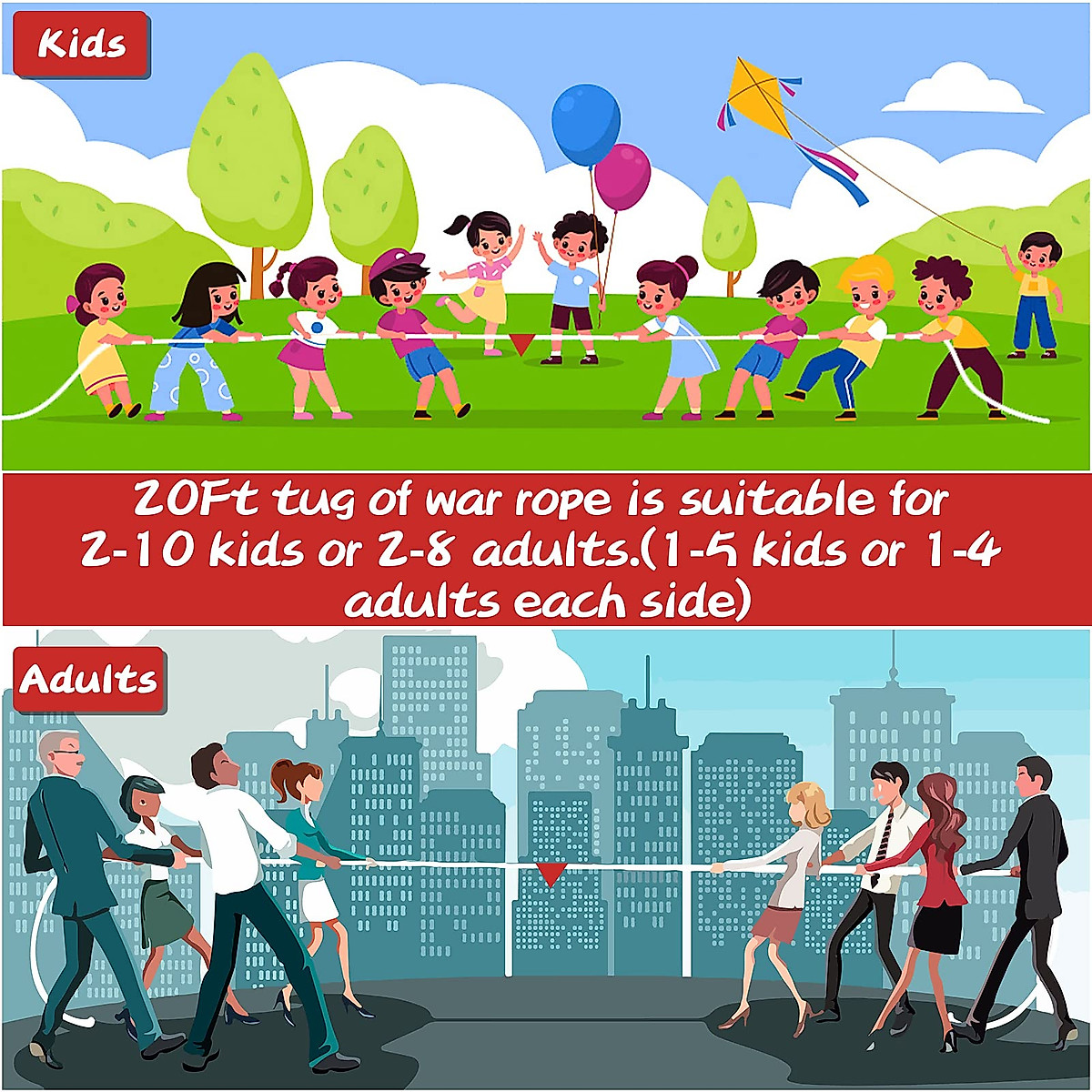 ZEROMX Tug of War Rope for Kids and Adults - 20Ft Tug of War Rope with Flag,Field Day Game,Carnival Games, Outdoor Games for Family - White