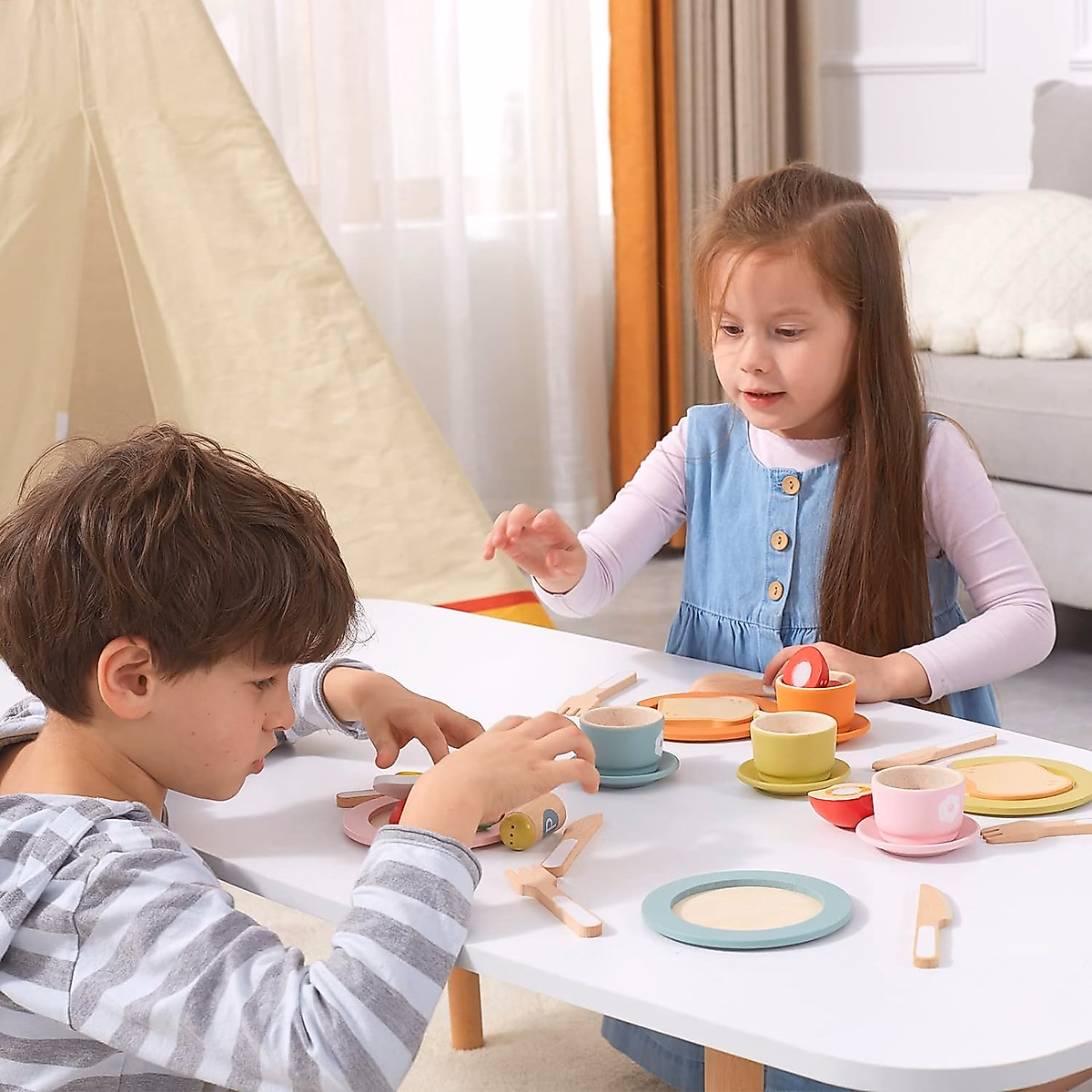 Giant bean 27PCS Wooden Toy Plates and Dishes for Kitchen Set,Montessori Kitchen Toys for Girls and Boys, Wooden Play Kitchen Accessories