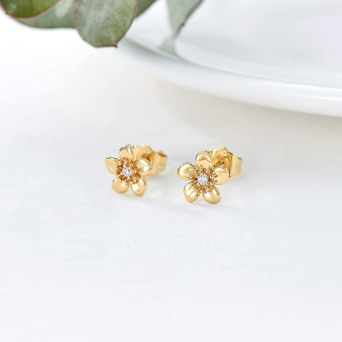 14k Gold Flower Stud Earrings for Women With Push Backs, Yellow Gold Blossom Flower Moissanite Earring, Anniversary Mothers Day Jewelry Gifts for Mom/Wife/Friend
