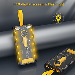 Portable Charger 10000mAh,22.5W Fast Charging Power Bank with Built in Cables,Transparent External Battery Pack with Flashlight,USB C in&out Portable Phone Charger for iPhone Samsung Android Cellphone