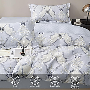 SAPHREAS Home Grey Bohemian Duvet Cover Set Queen Size 100% Cotton 3pcs Exotic Style Retro Comforter Cover Soft&Breathable 1 Duvet Cover 2 Pillowshams