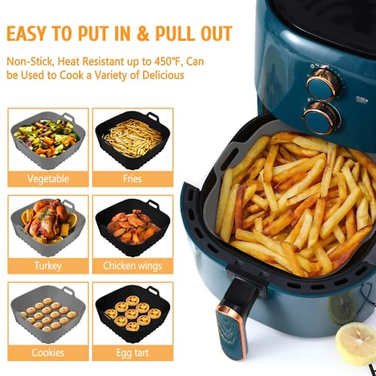 Air Fryer Silicone Liners 9 Inch Reusable Air Fryer Reusable Basket For 6 to 9QT, 2 PCS Square Air Fryer Pot Insert for Oven Microwave Accessories