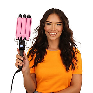 Trademark Beauty Three Barrel Hair Waver, Curling Iron, 1 Inch, Beach Waves, Quick Heat, Babe Waves Original, Adjustable Temperature Hair Curler - Pink