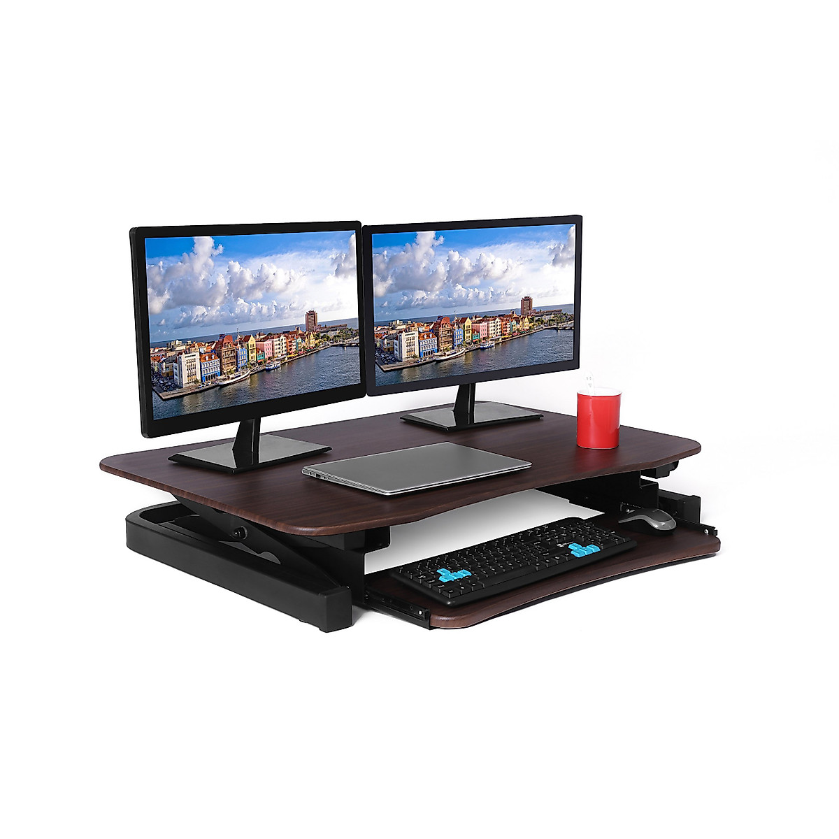 ApexDesk ZT Series Height Adjustable Sit to Stand Electric Desk Converter, 2-Tier Design with Large 36x24 Upper Work Surface and Lower Keyboard Tray Deck (Electric Riser, Walnut)
