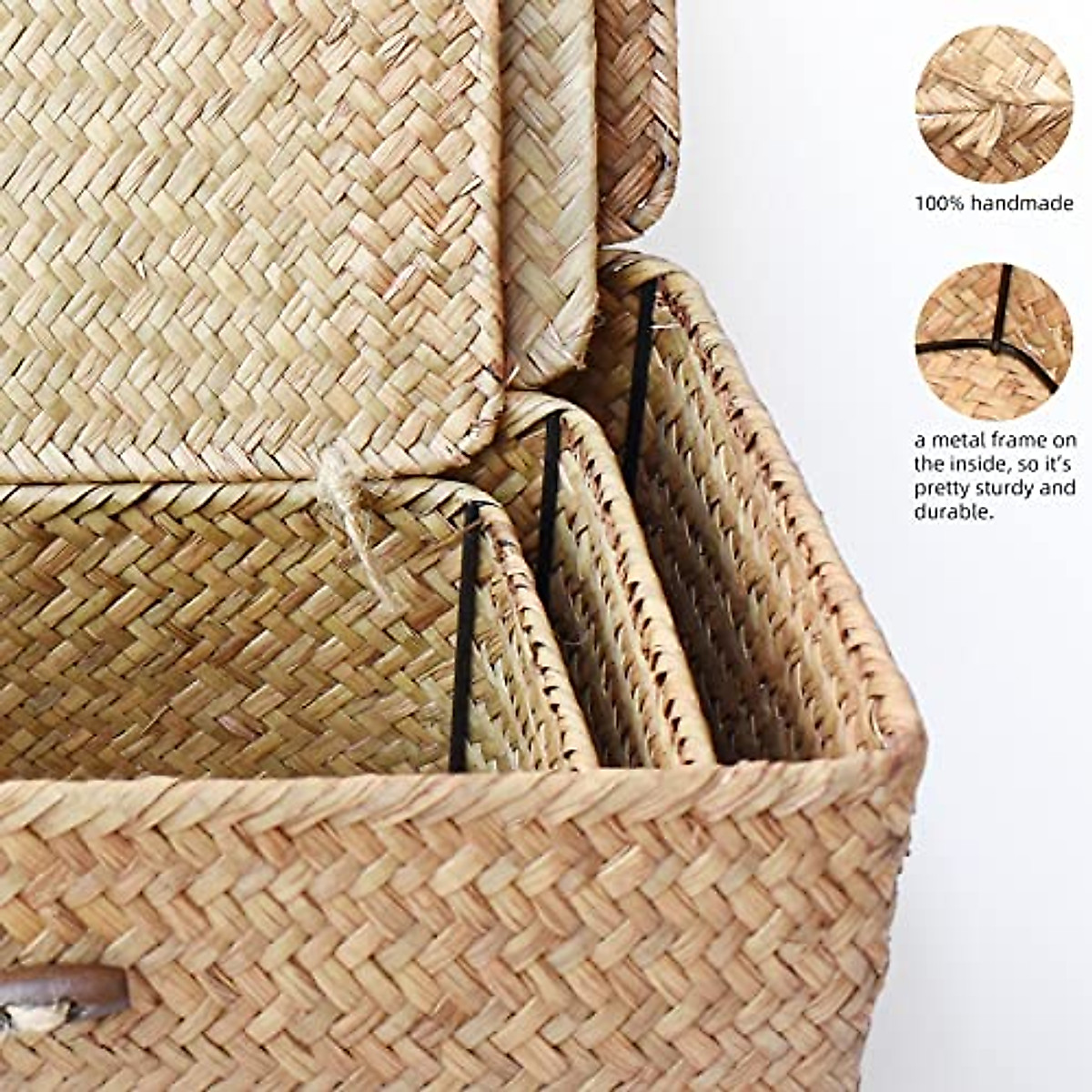 TICYACK Straw Storages Baskets With Lid, Hand-Woven for Seagrass, for Desktop Home Decoration (S/M/L)
