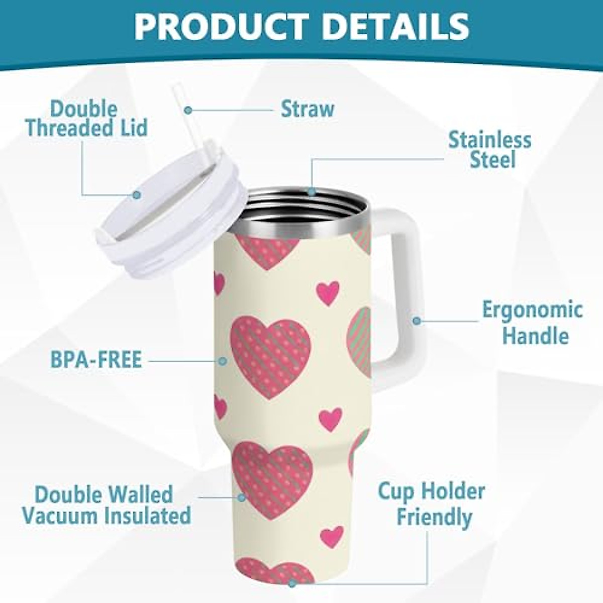 ODAWA 40oz Valentine's Heart Beige Insulated Stainless Steel Tumbler with Handle and Straw Lid Fall Insulated Tumbler