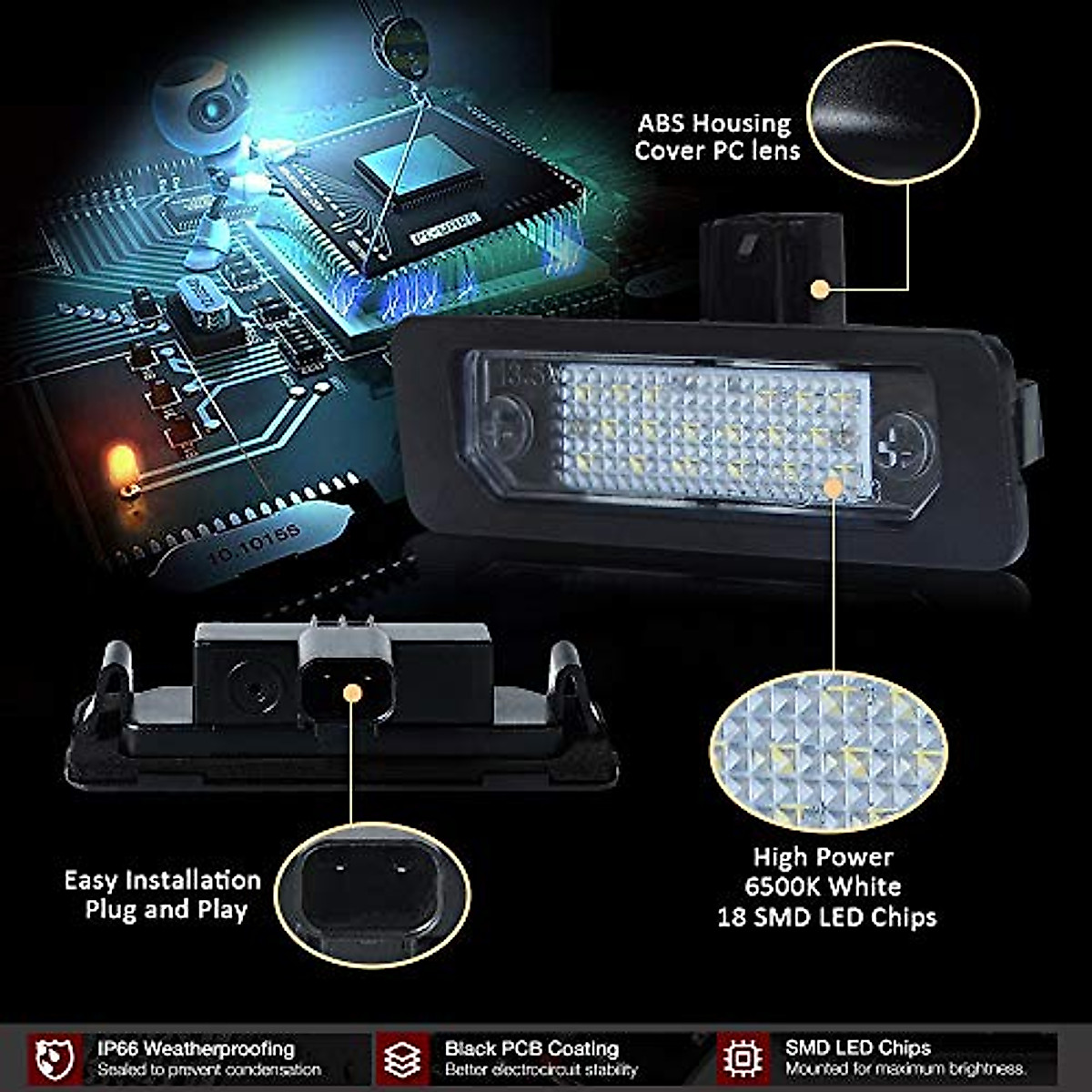 D-Lumina LED License Plate Light Tag Lamp Assembly for Fo-rd Flex Focus Fusion Taurus Mus-tang Lincoln Mercury, Powered by 18-SMD 6000K White Tag Lights, Pack of 2